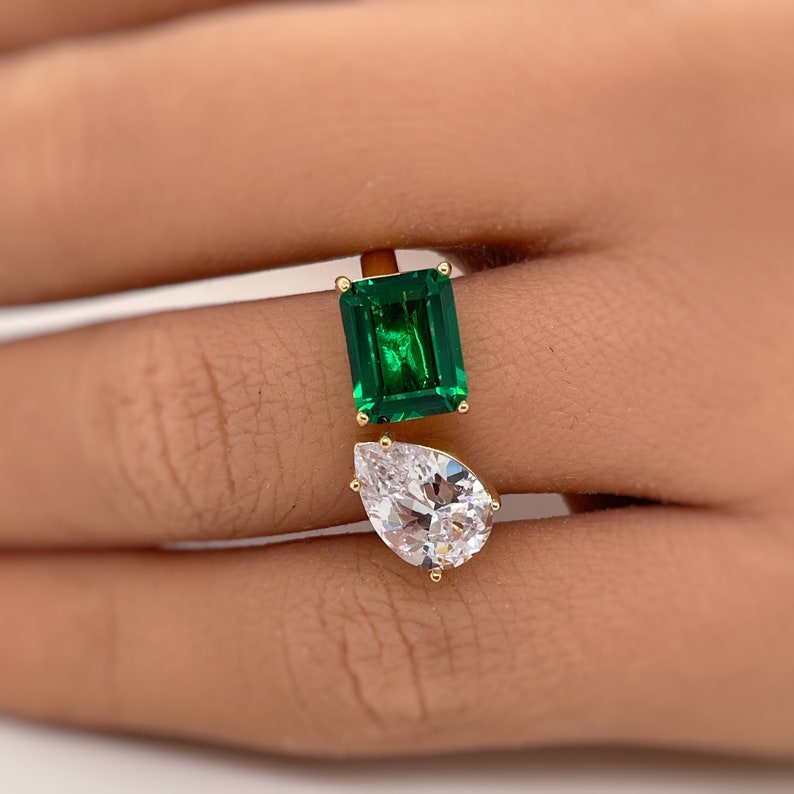 Double Stone Ring 2 Stone Engagement Ring Emerald Cut and | Etsy