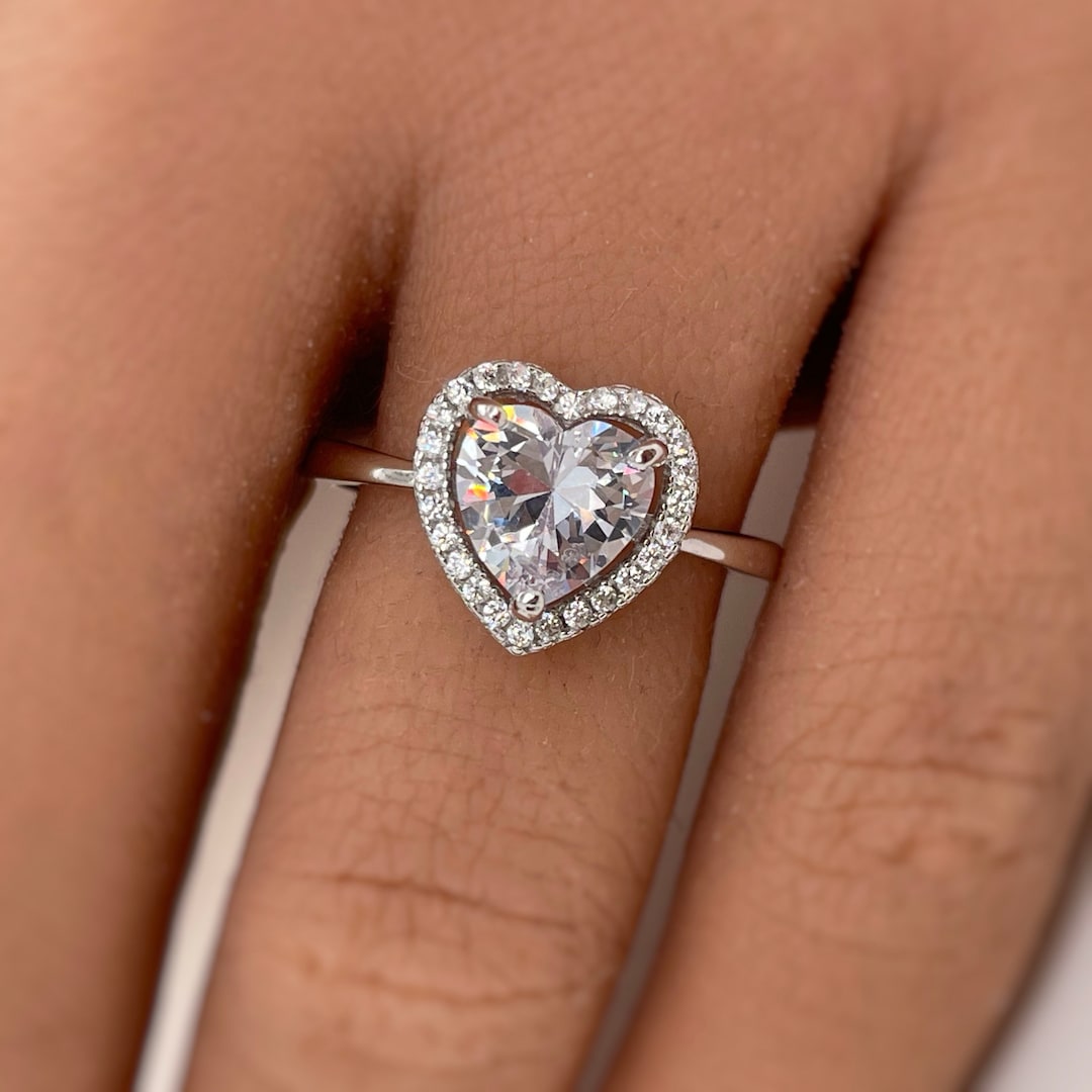 1.00ct Heart Diamond Halo Engagement Ring, Heart Bridal Ring, Proposal ...