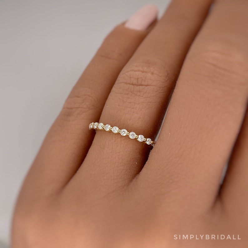 14k Floating Diamond Band Dainty Half Eternity Diamond Band - Etsy