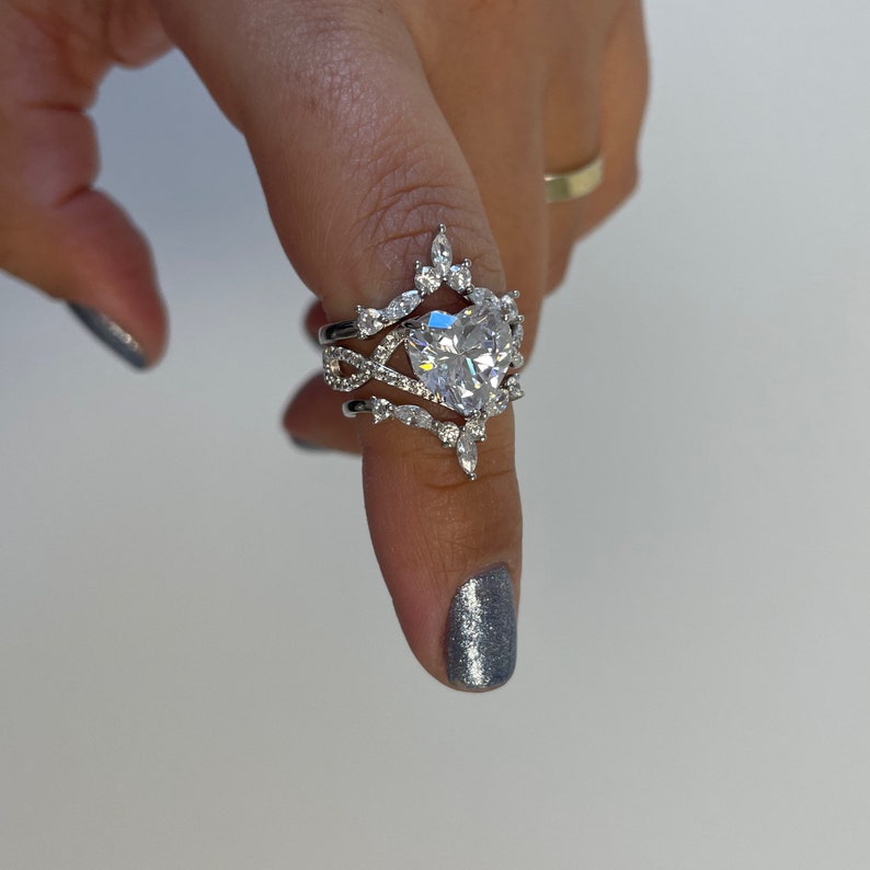 3 Ring Set 3.00ct Heart Engagement Ring Set, Infinity Heart Ring With Fitted Chevron Band ...