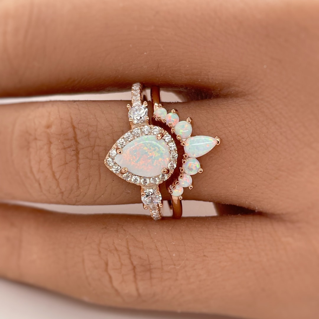 Opal Engagement Ring Set, Art Deco Fitted Opal Ring Set, Opal Bridal Set, Wedding Ring Opal Band ...