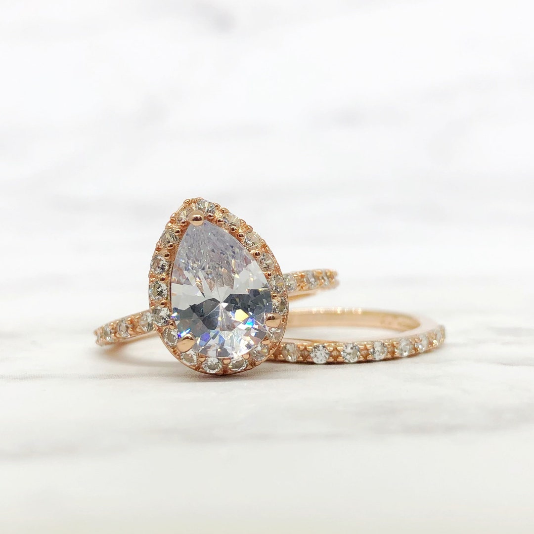 2.00ct Pear Shape Halo Ring Set, Pear Proposal Ring, Teardrop Wedding ...