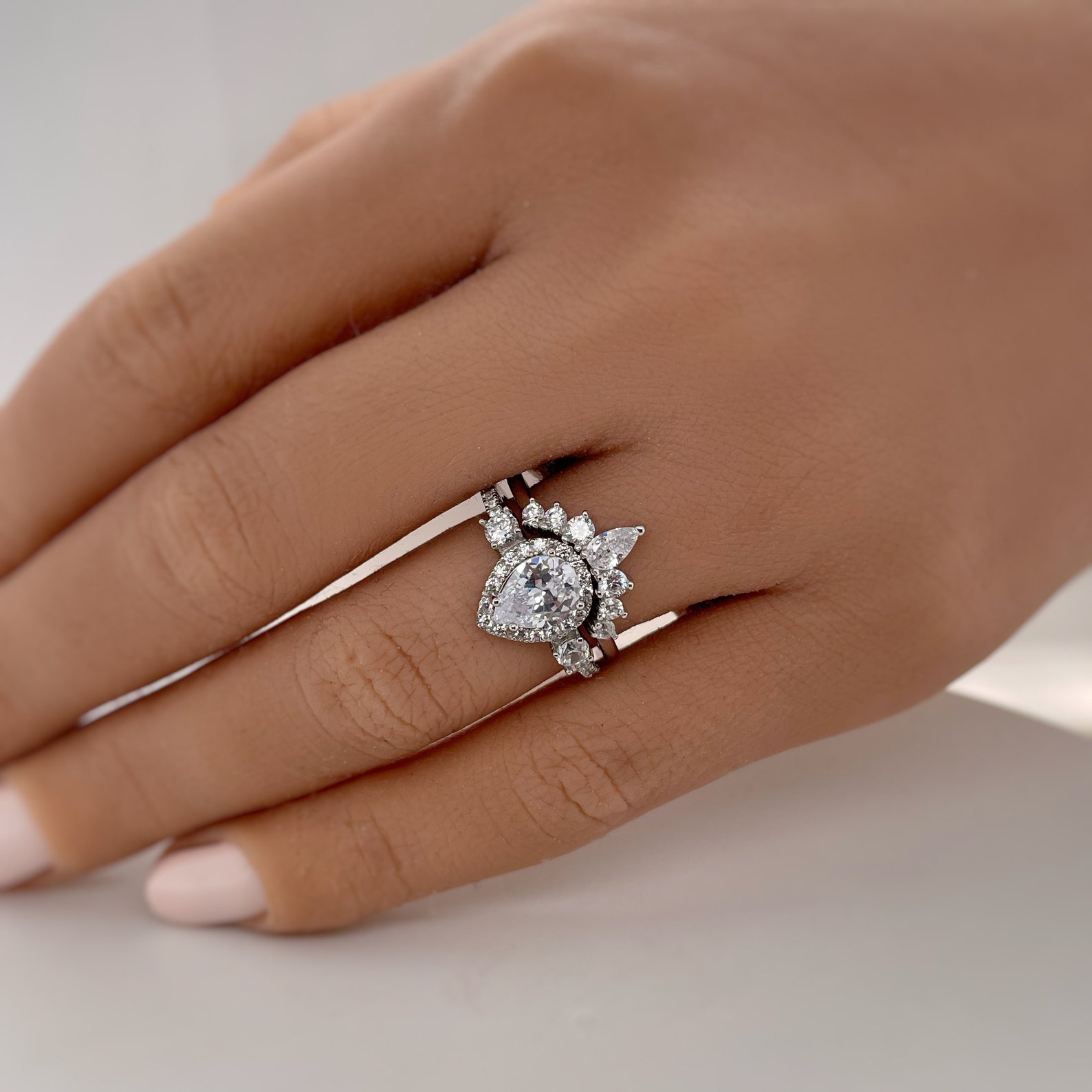 Teardrop Art Deco Engagement Ring Set, Diamond Bridal Set, Art Deco ...