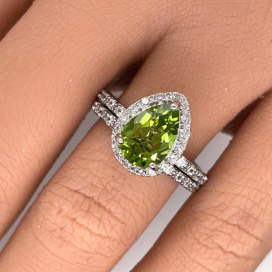 2.00ct Pear Shape Peridot Ring Set, Genuine Peridot, Teardrop Set ...