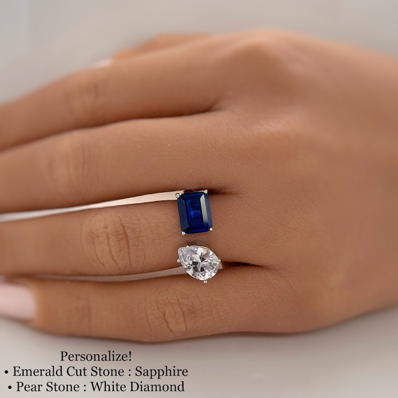 Double Stone Ring 2 Stone Engagement Ring Emerald Cut and - Etsy