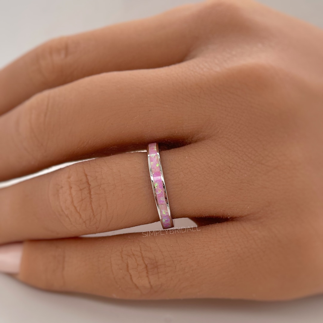 Pink Fire Opal Eternity Band / Pink Opal Inlay Band / Sterling Silver ...