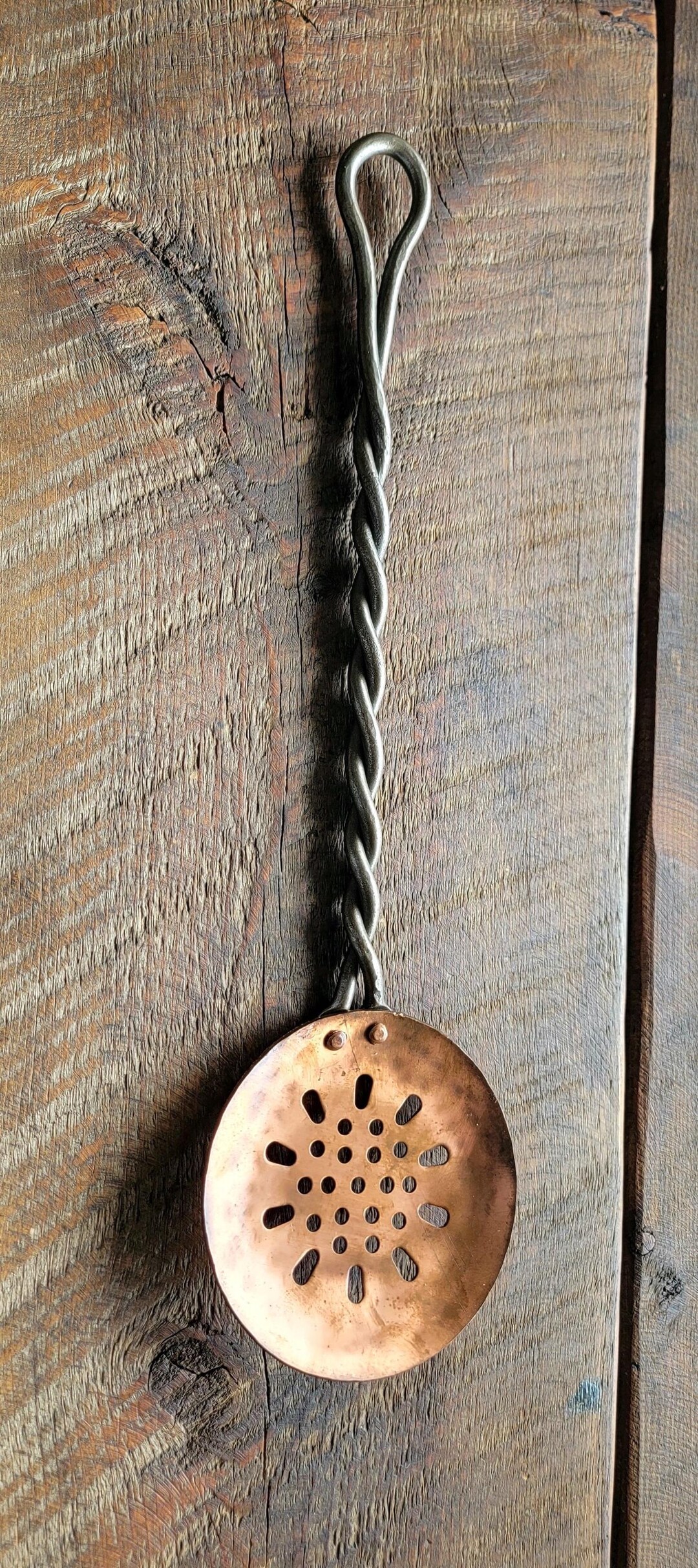 Hand Forged Twisted Iron and Copper Slotted Spoon - Etsy
