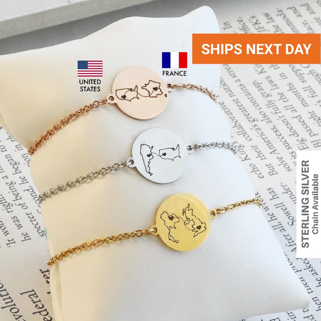 Personalized Country Bracelet, Long Distance Couples, Two Home Bracelet ...
