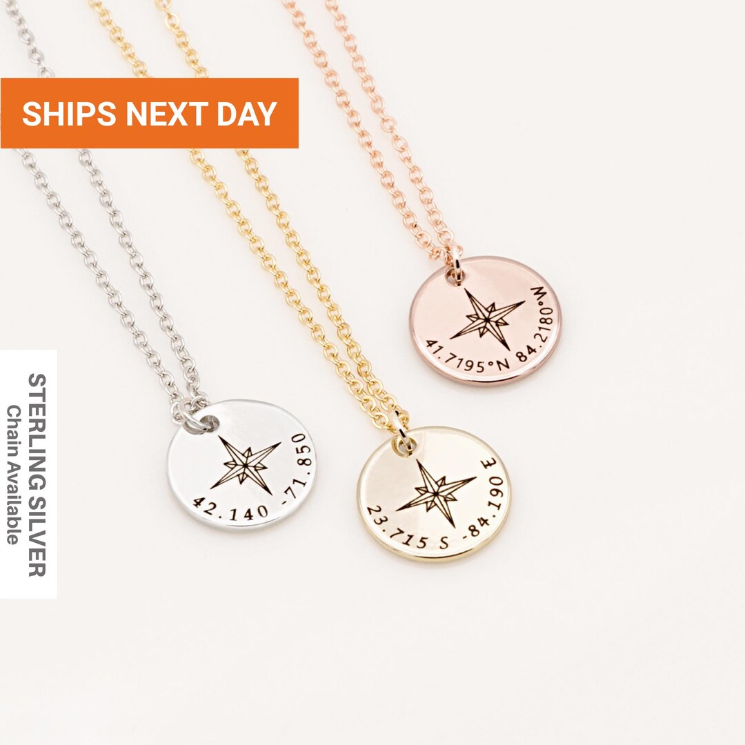 Custom Compass Necklace Sterling Silver, Custom Coordinate Necklace ...