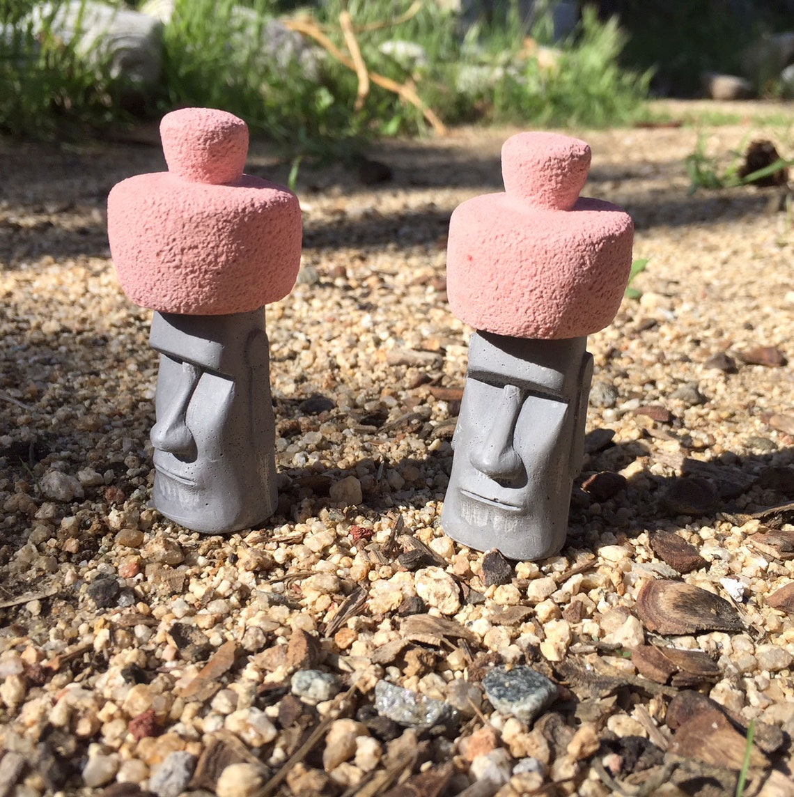 Set of 2 Tiki Moai Easter Island Head Sculpture (gray With Red Hat) - Etsy