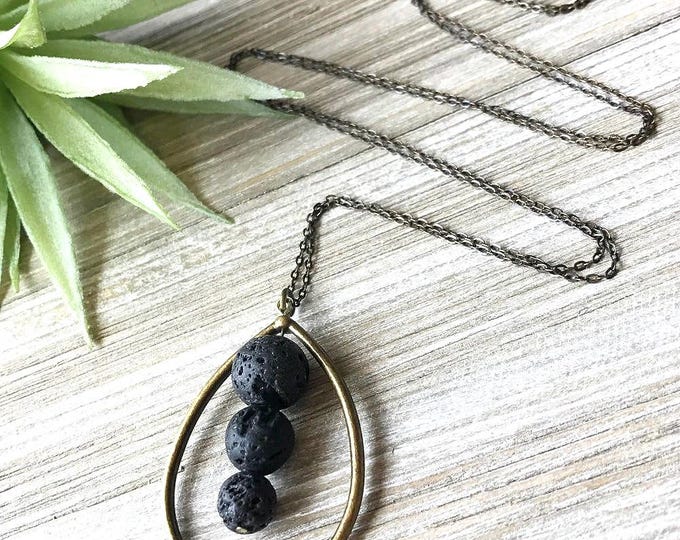Black Lava Stone Diffuser Pendant Necklace // Long Necklace ...