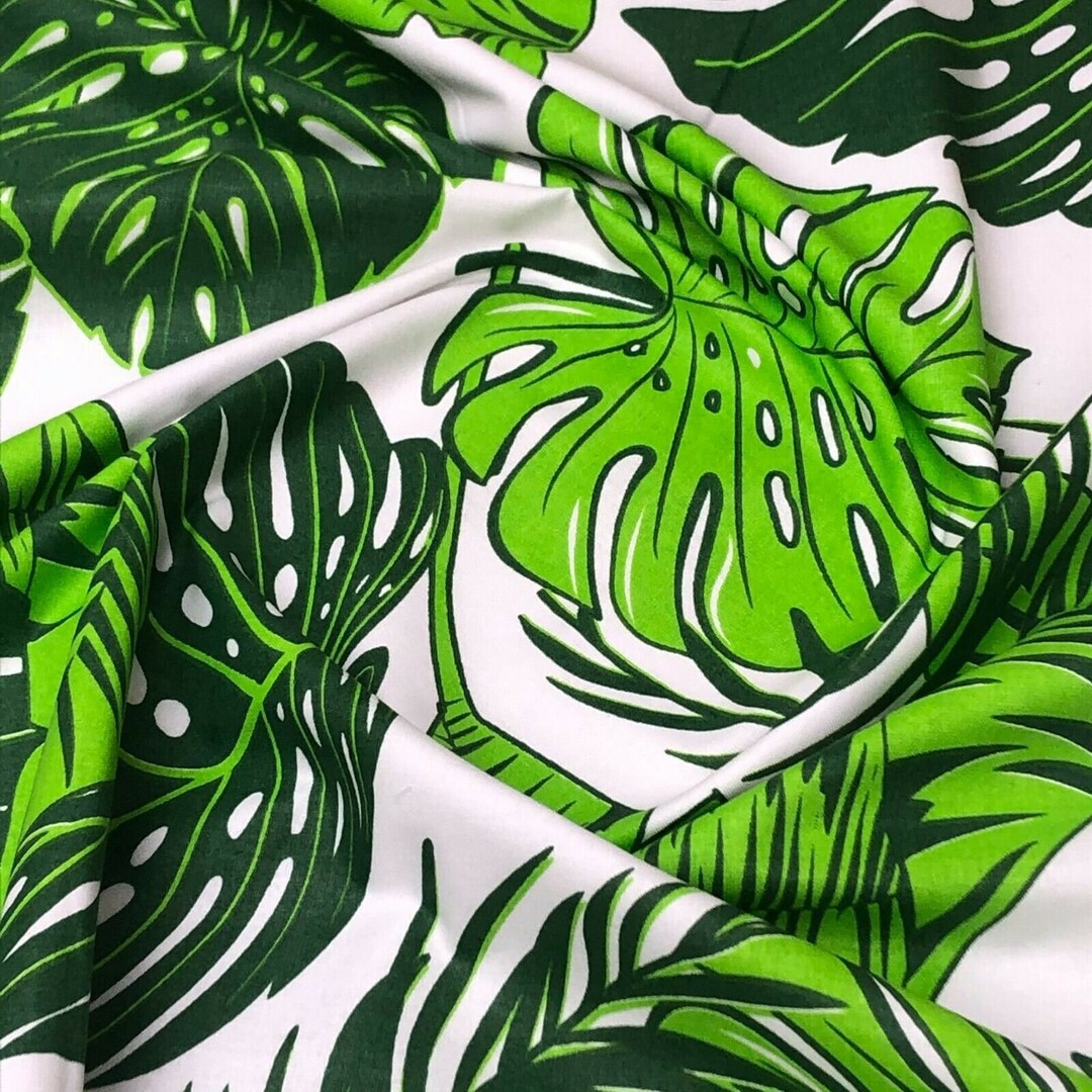 100% Cotton Fabric , Monstera Leaves Tropical Green on White by Half ...