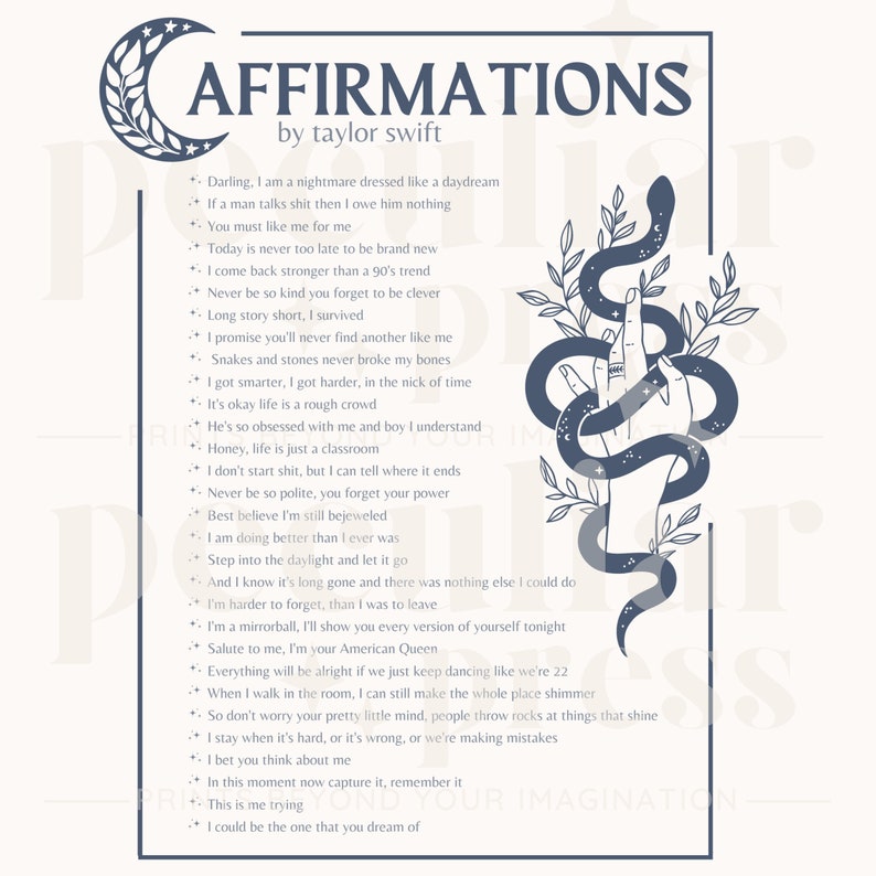 Printable Poster Positive Affirmations by Taylor Swift, Taylor Swift ...