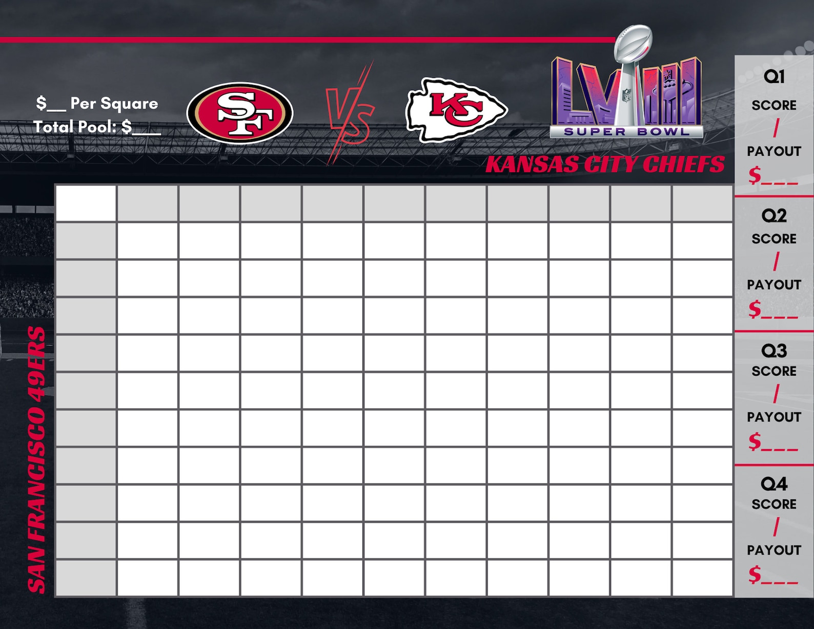 Super Bowl LVIII 2024 Squares. Instant Download, Printable. San ...