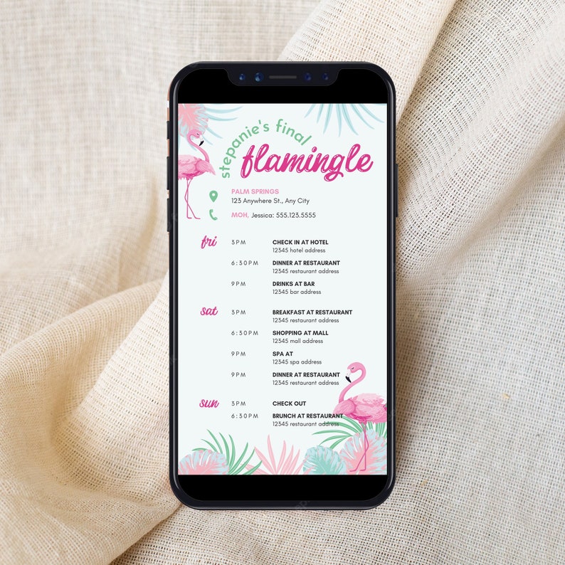 Final Flamingle Flamingo Mobile Bachelorette Itinerary Template DIY ...