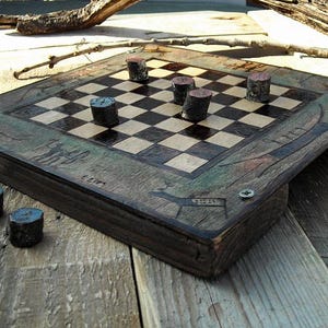 Handmade Rustic Checkers Boardgame - Vintage Wooden Draughts Tablegame ...