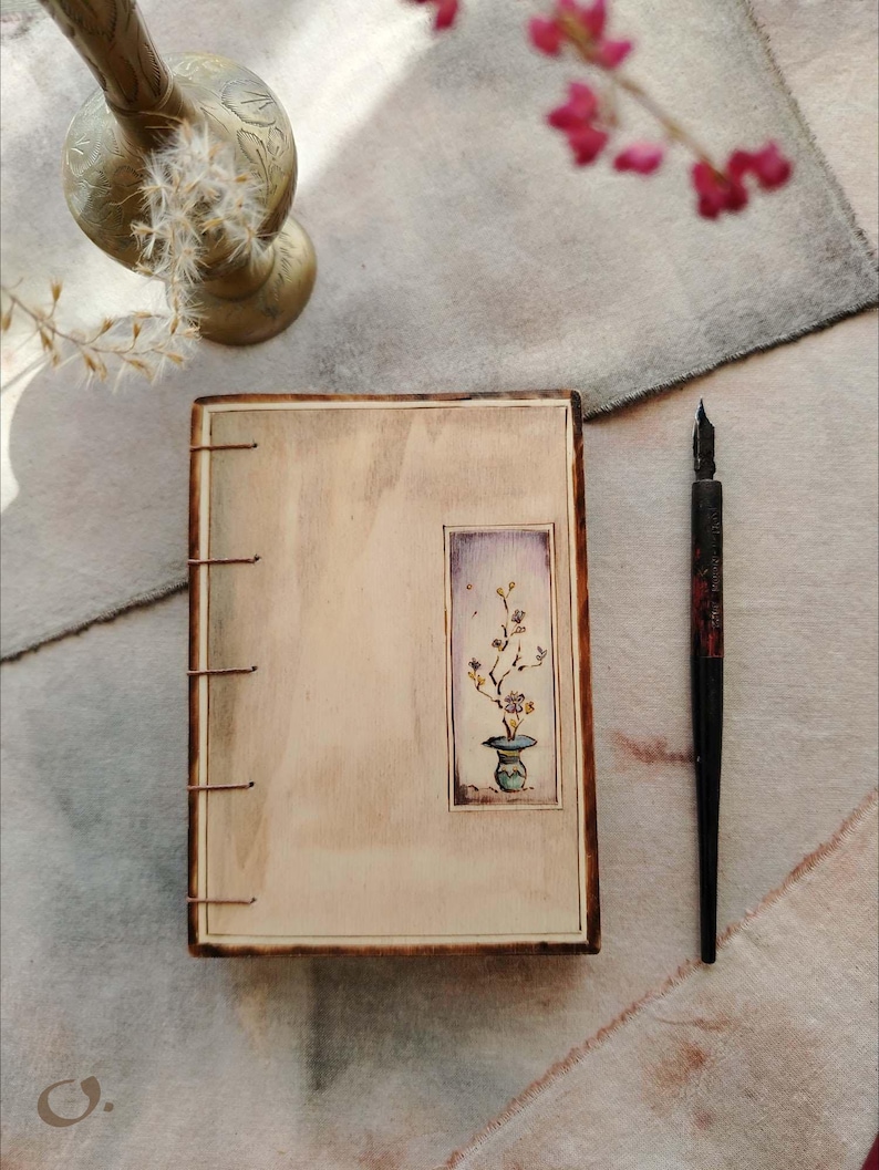 Wooden Journal, Ikebana Hand-illustrated Sketchbook, Coptic Bound Diary ...