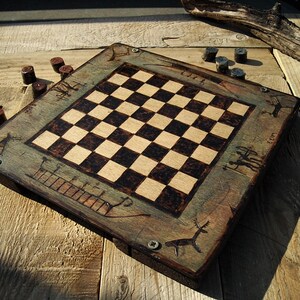 Handmade Rustic Checkers Boardgame - Vintage Wooden Draughts Tablegame ...