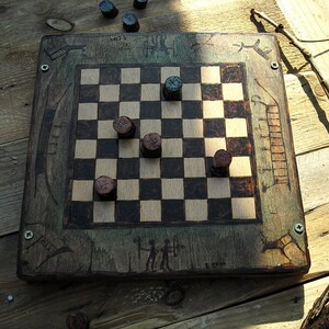 Handmade Rustic Checkers Boardgame - Vintage Wooden Draughts Tablegame ...