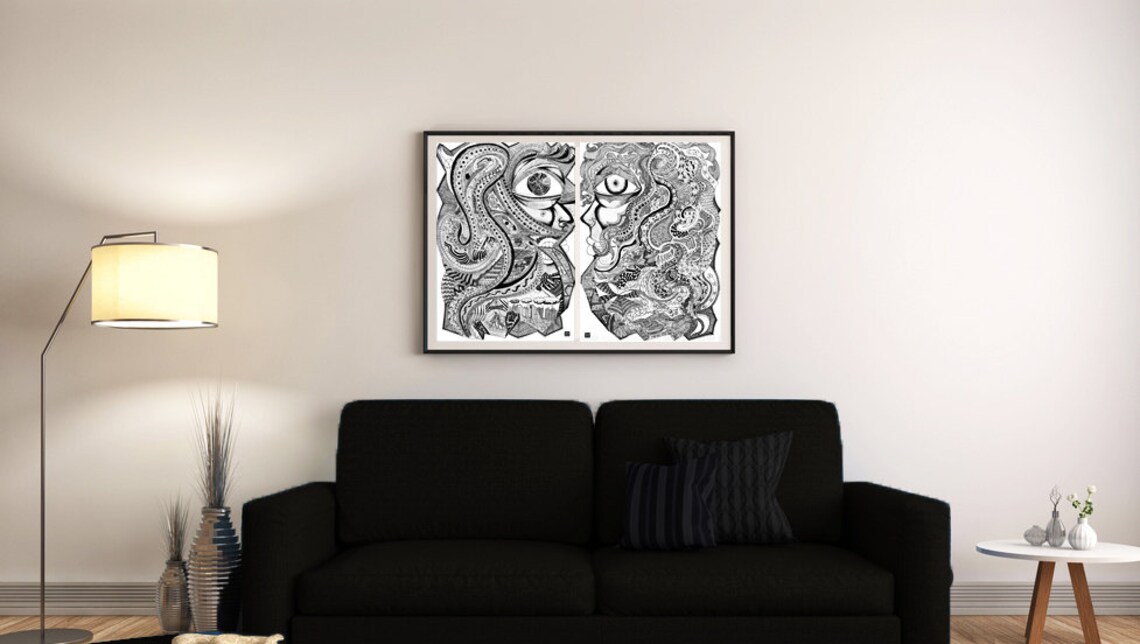 Detailed Pen and Ink Face Drawing Print, Intricate Portrait of Couple ...