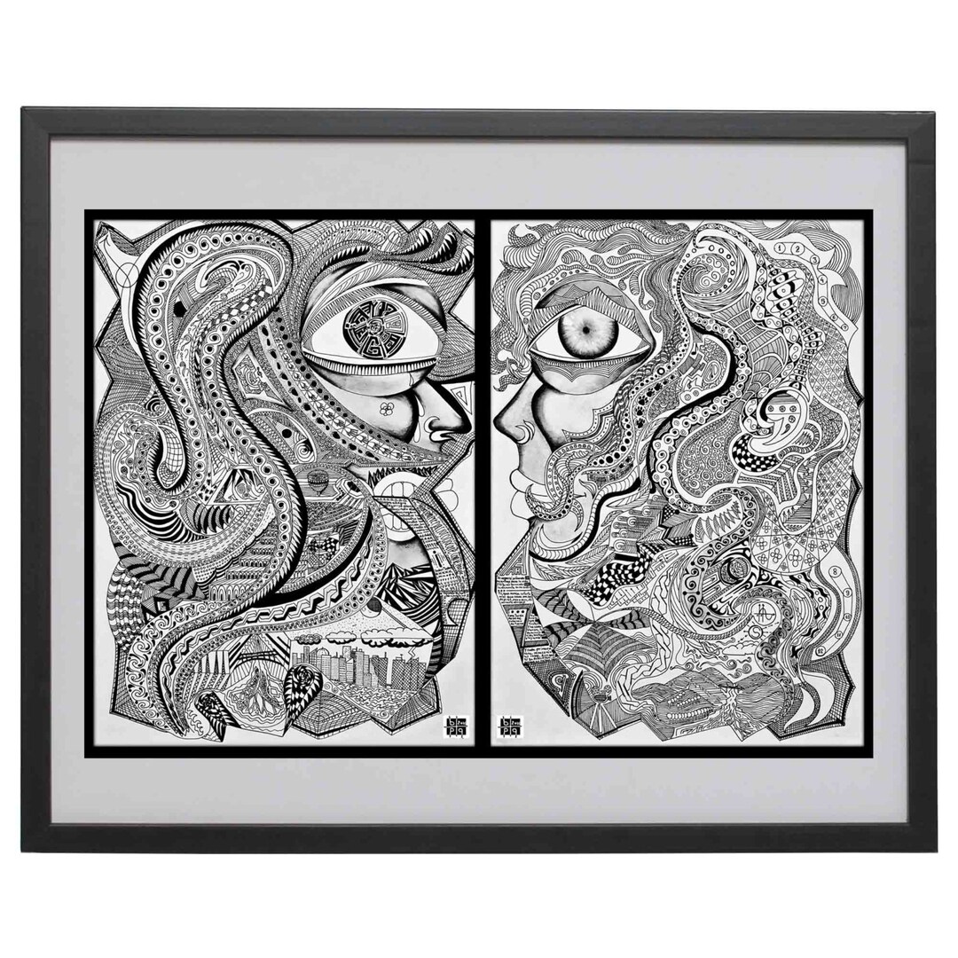 Detailed Pen and Ink Face Drawing Print, Intricate Portrait of Couple ...