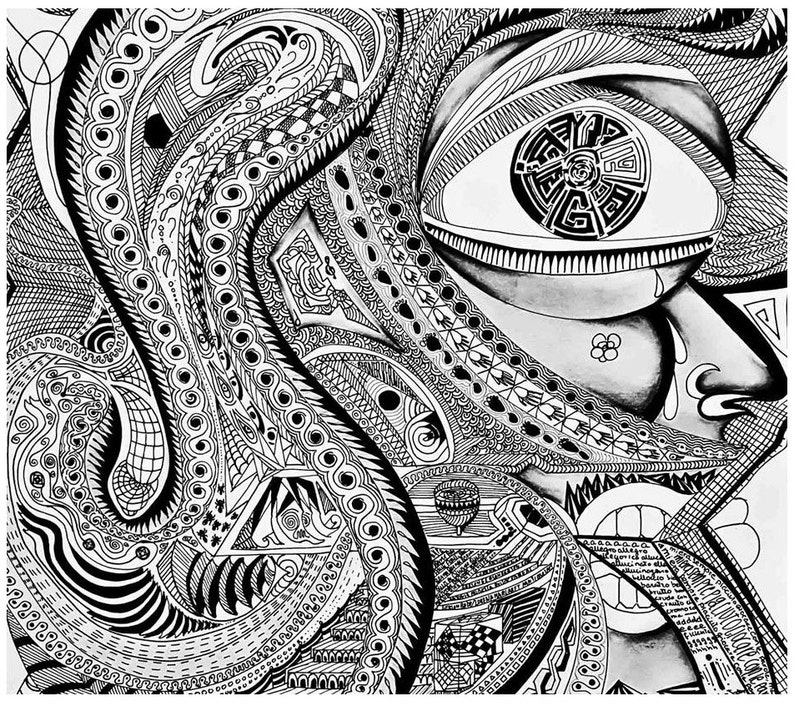 Detailed Abstract Face Drawing Print, Intricate Portrait of Man, Black ...