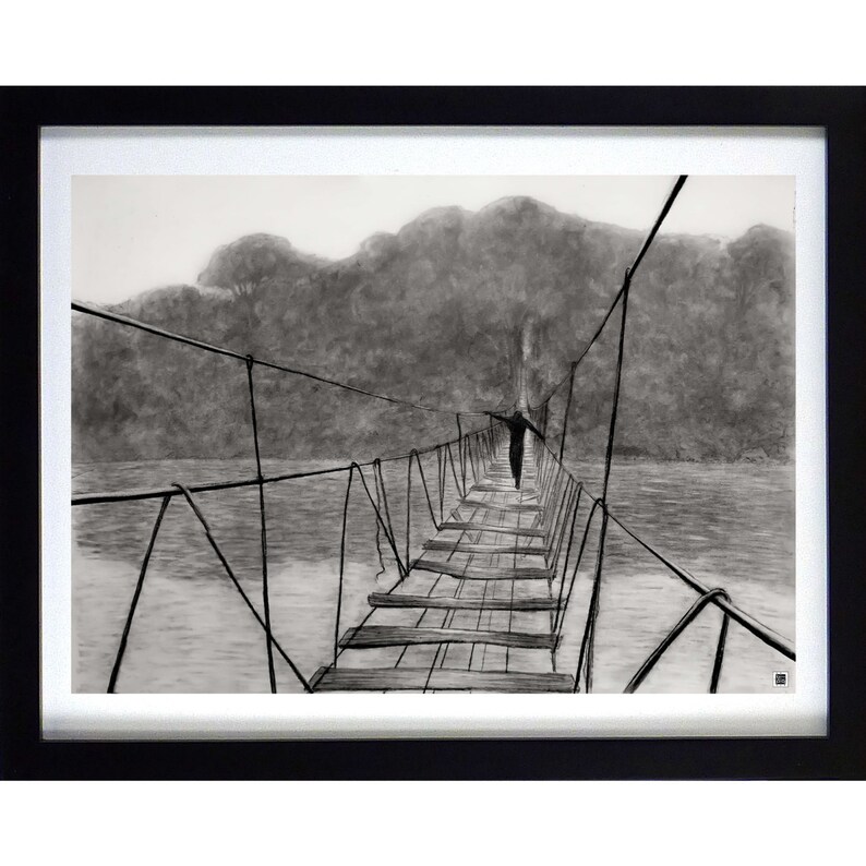 Man Crossing a Bridge. Print of Original Charcoal and Pencil - Etsy