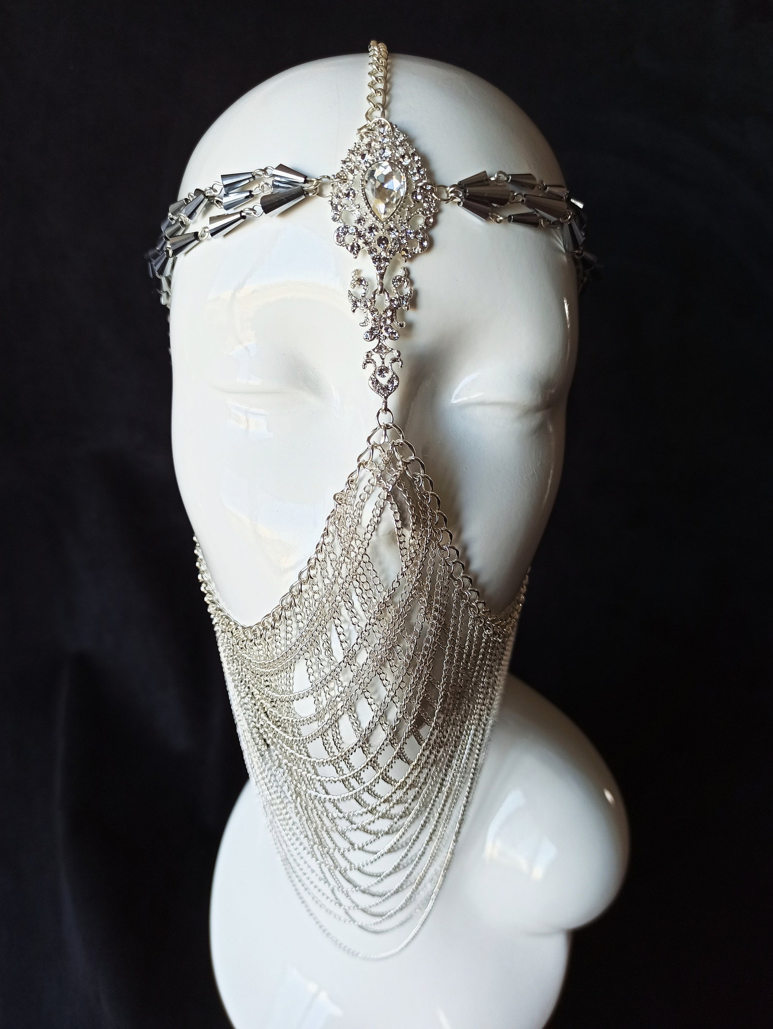 Silver Head Piece Chain Face Mask Face Chain Headpiece Face | Etsy
