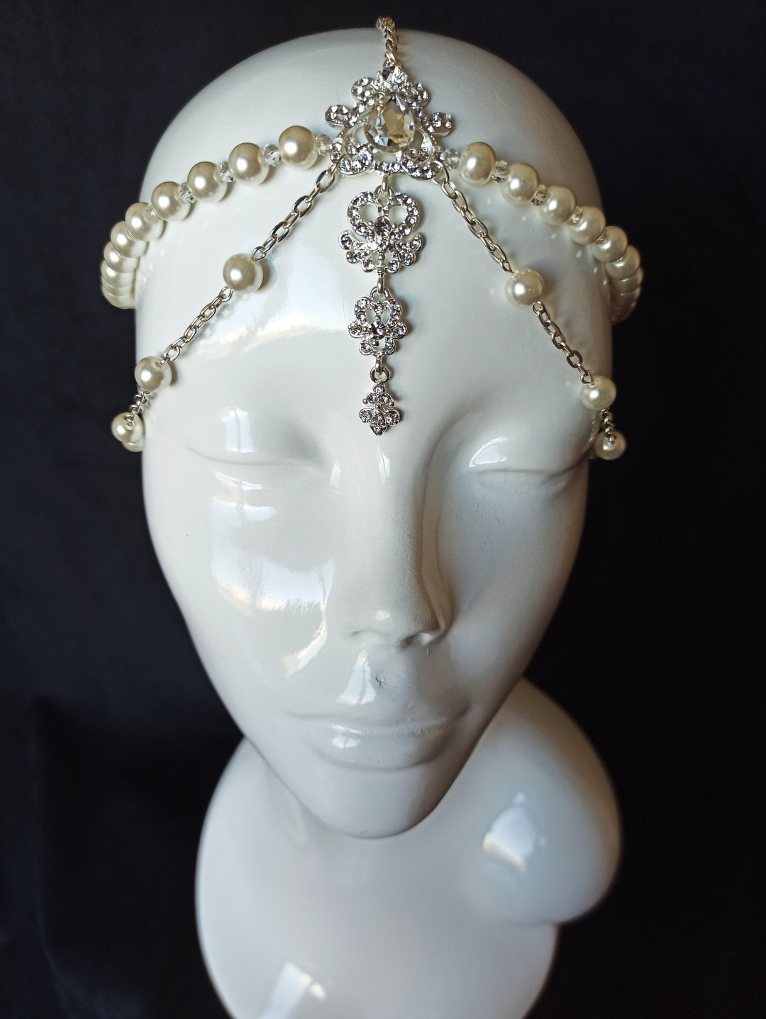 Pearl Hair Chain, Art Deco Headpiece, Boho Bridal Head Chain, Kundan ...