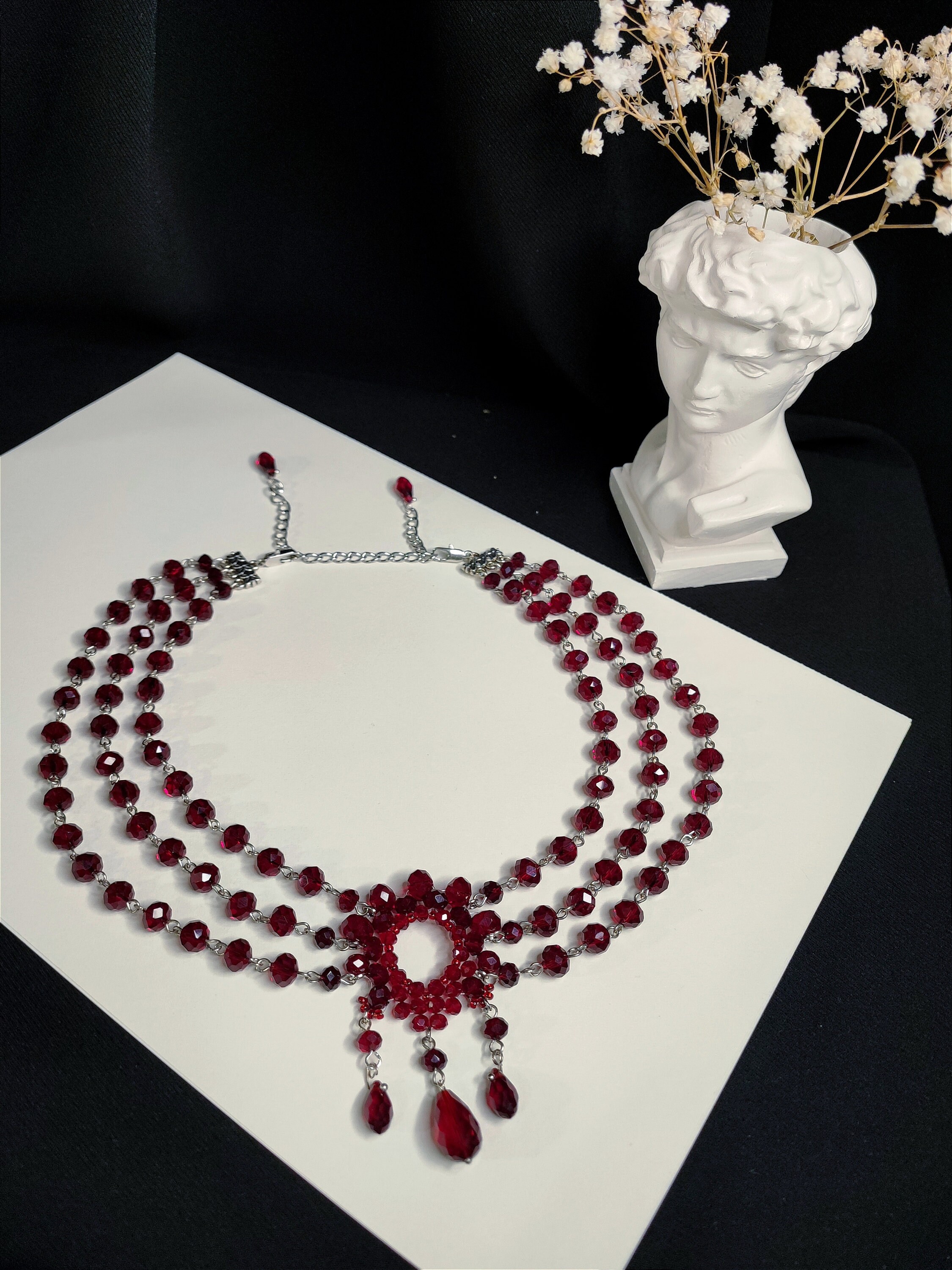 Red Necklace, Gothic Choker, Burgundy Jewelry, Red Drop Necklace, Blood ...