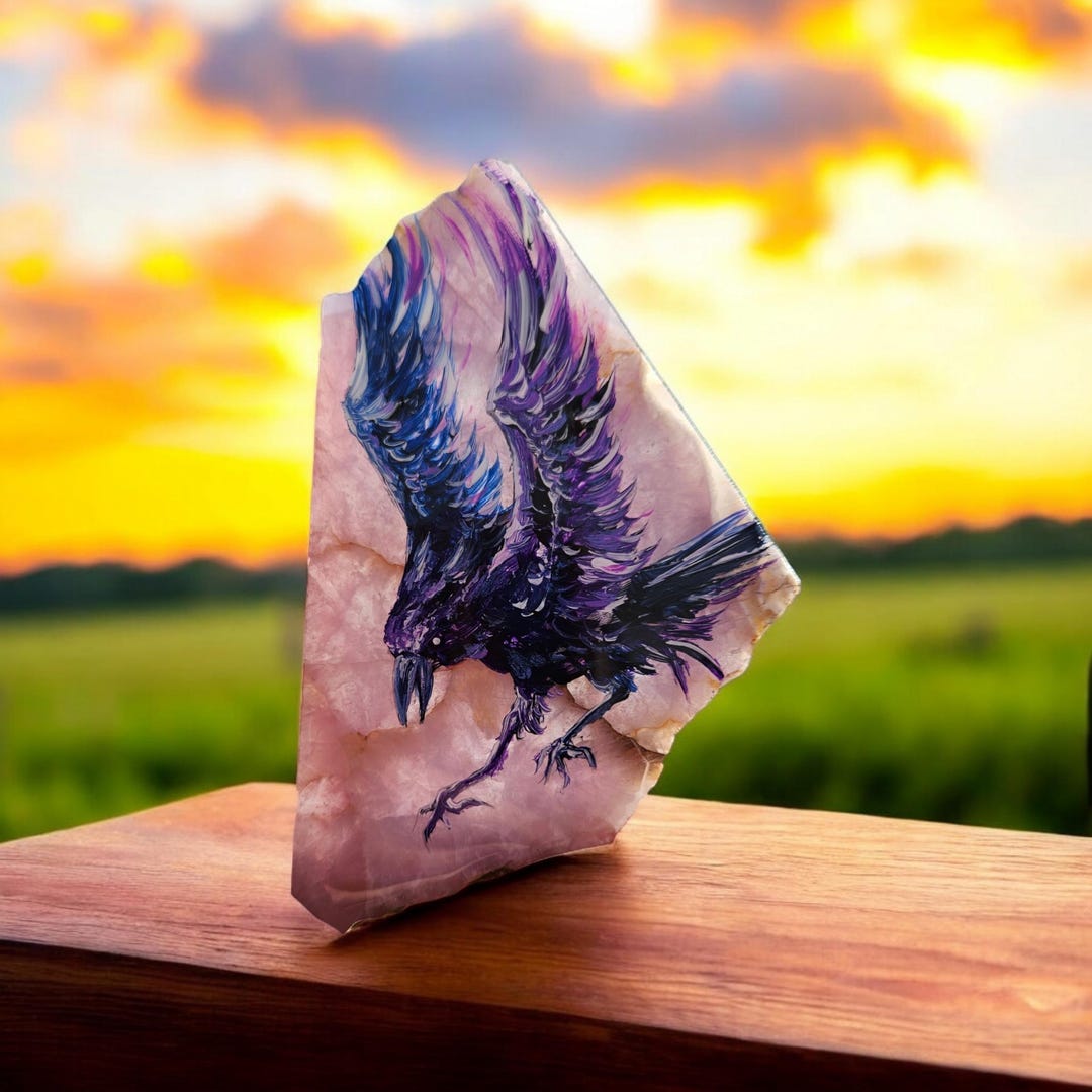 Raven Painting, Amethyst Crystal, Hand Painted Stone, Geode Rock ...