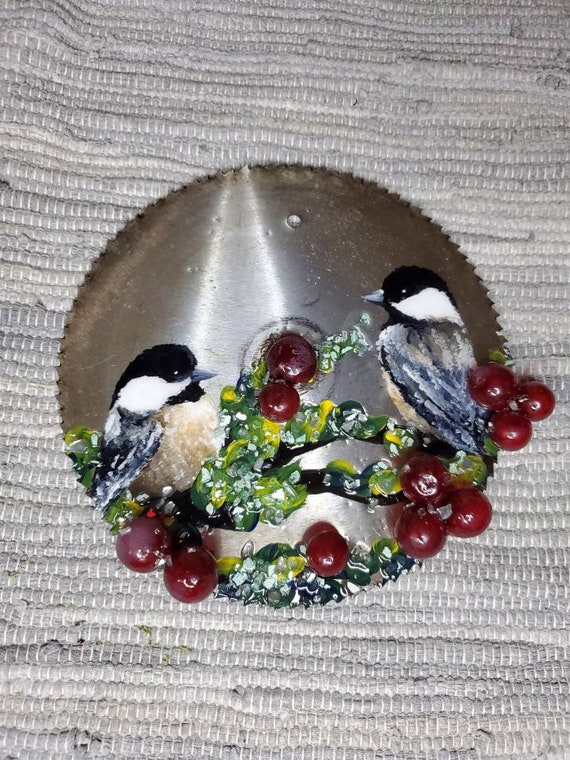 Chickadee art Bird artwork Garden decor Painted saw blade | Etsy