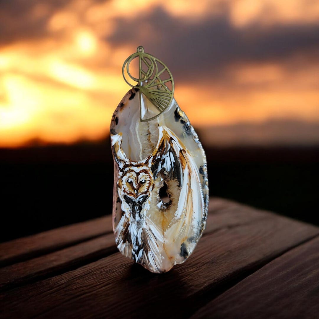 Hand-painted Owl Necklace: Agate Crystal Pendant, Nature Jewelry - Etsy