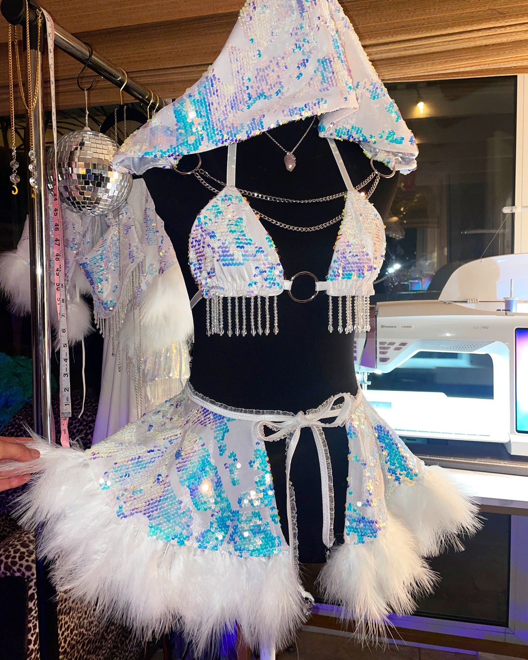 O-ring Pink Black Sequin & Feather Festival Outfit/pink Velvet Rave ...