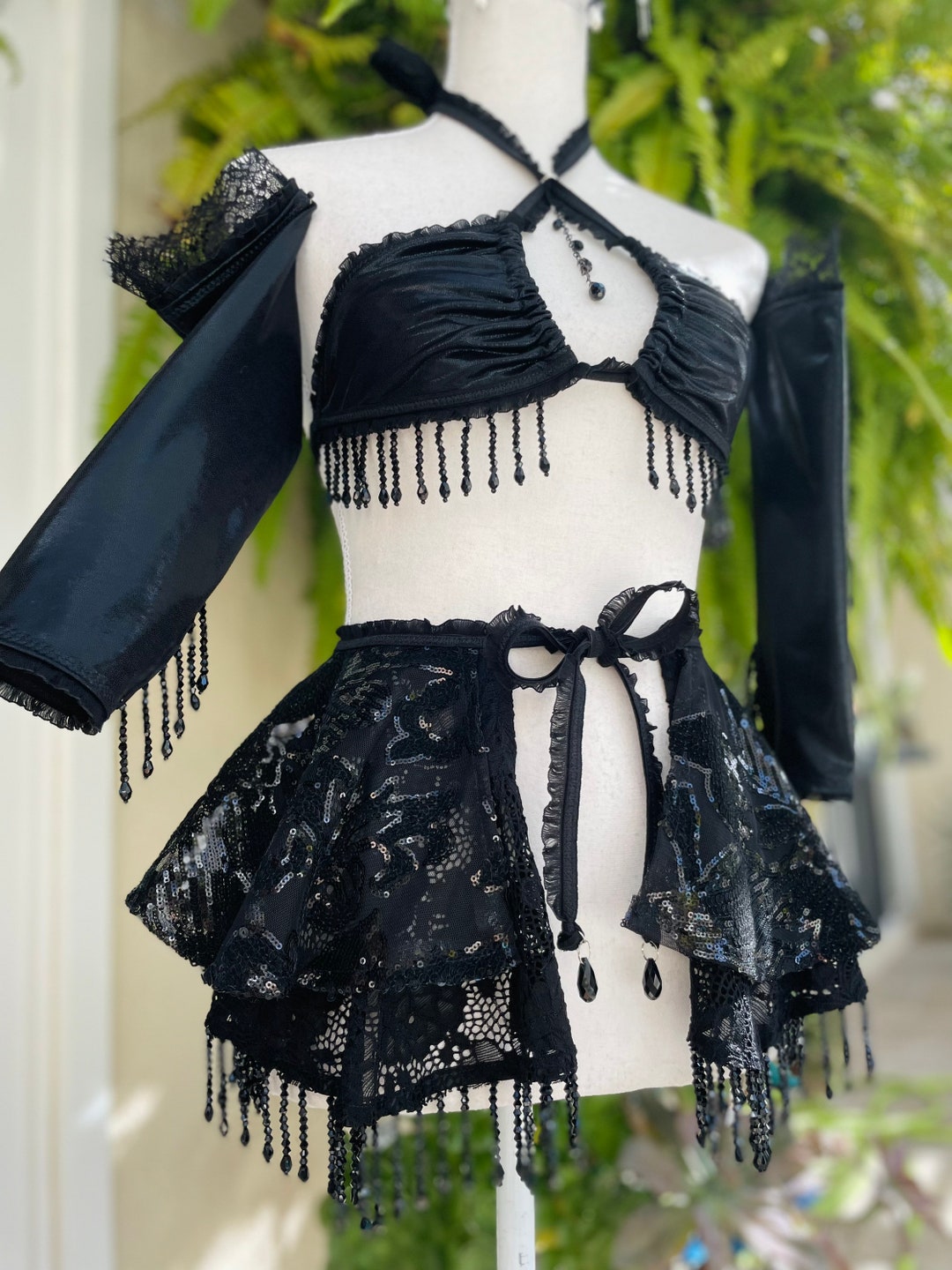Beaded Festival Outfit/ Black Rave Outfit/ Skirt Set/ Festival Arm ...