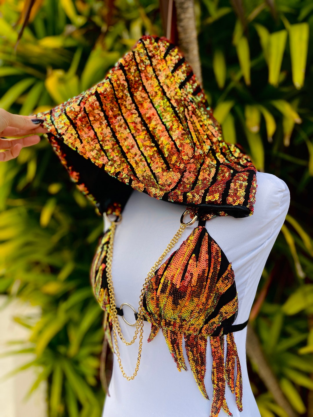 Iridescent Gold/orange Sequin Costume Hood/ Headpiece/sequin Flames ...