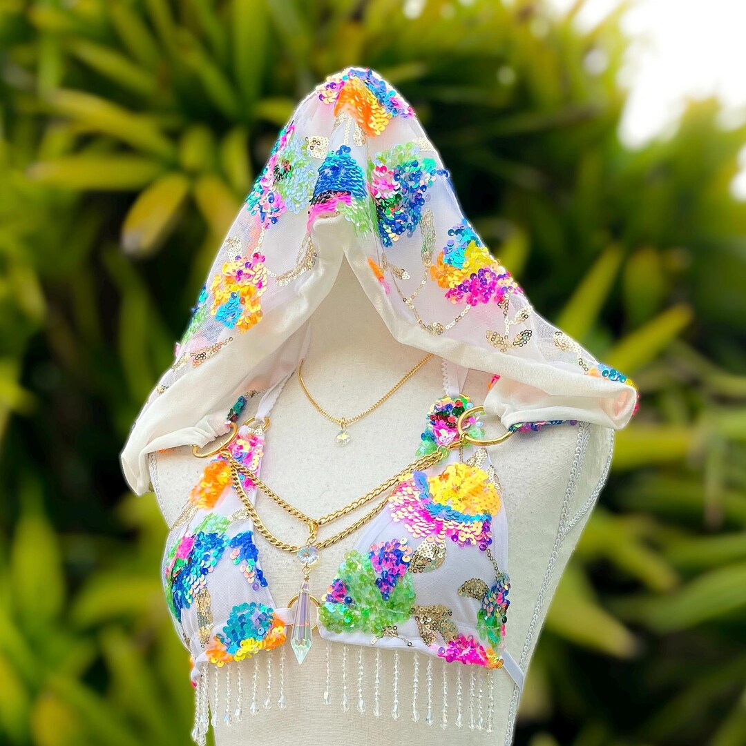 Fantasyland Sequin Rainbow Festival Hood/rave Outfit/sequin Rave Hood ...