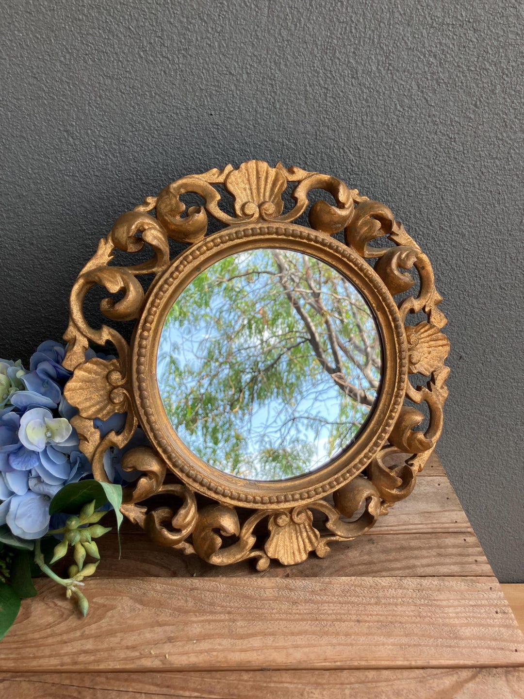 Vintage Gold Coloured Circular Mirror in Ornate Frame. - Etsy