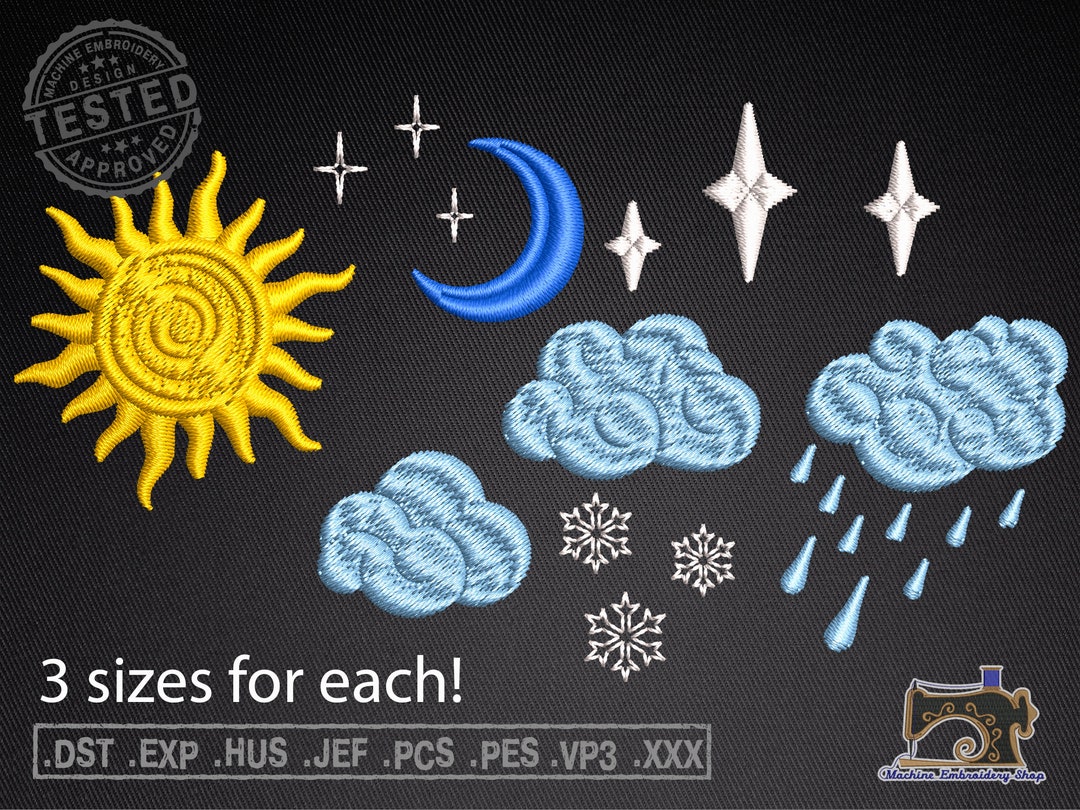 Sun Moon Stars Clouds Rain Machine Embroidery Design Machine Embroidery ...