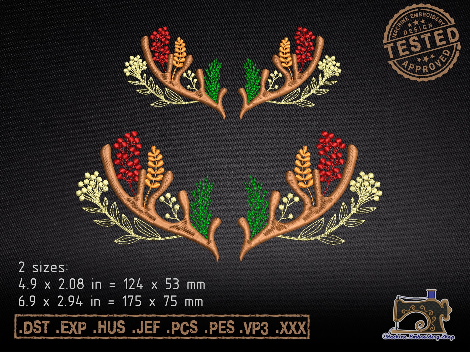 Floral Antlers 2 Sizes Machine Embroidery Design - Etsy