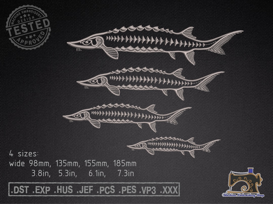 Sturgeon Fish 4 Sizes Machine Embroidery Design With Fabric Background ...