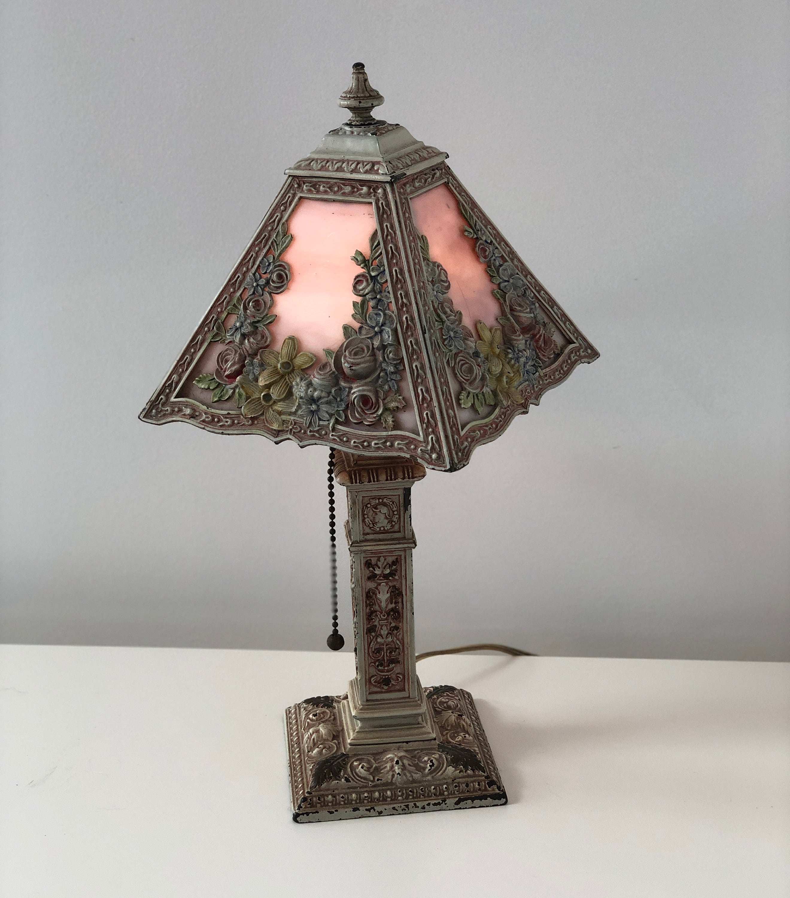 Pink Slag Glass Boudoir Lamp With Four Panels and Rose Floral Wreath - Etsy