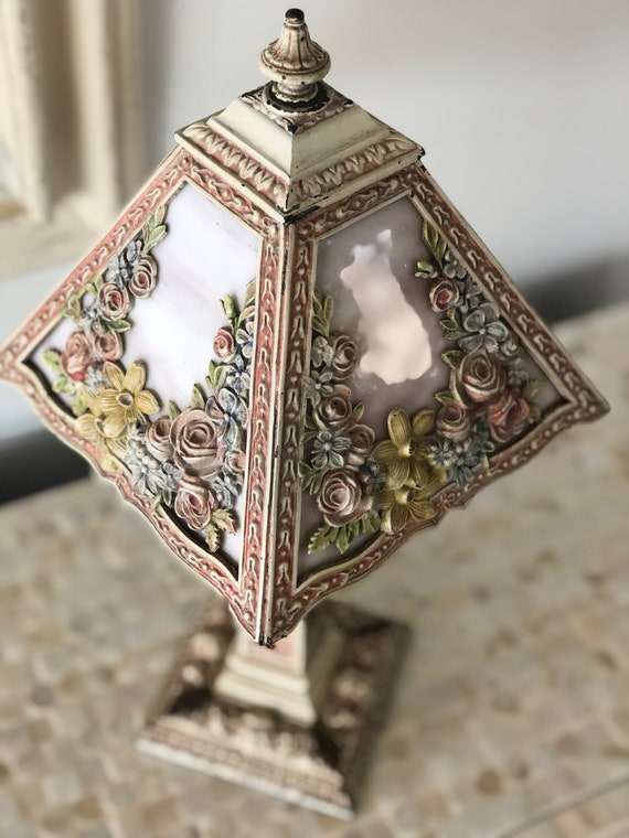 Pink Slag Glass Boudoir Lamp with Four Panels and Rose Floral | Etsy