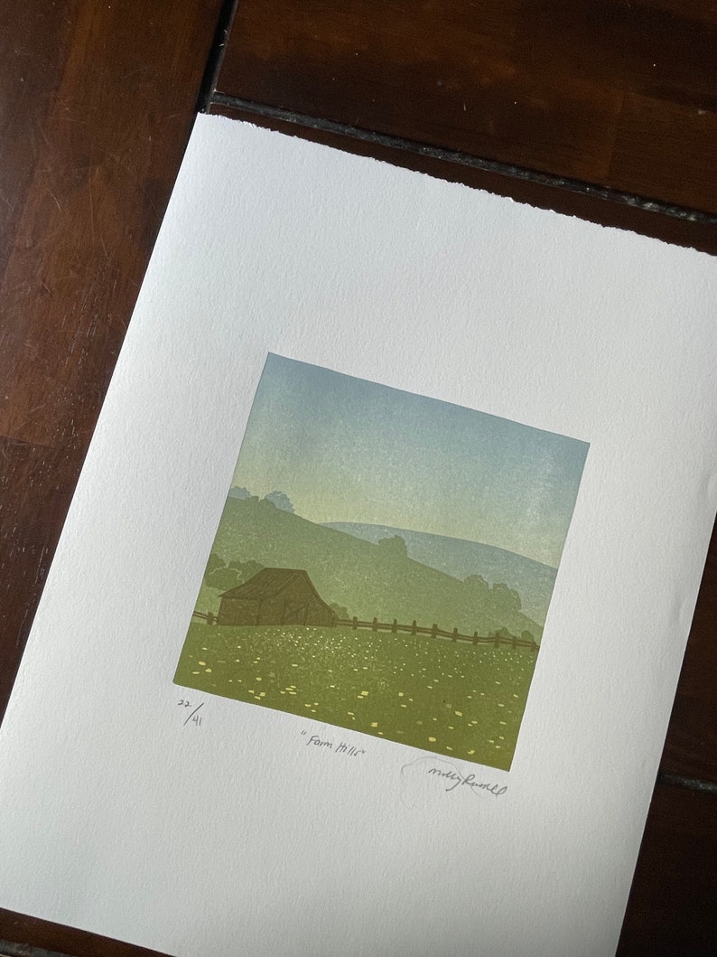 Farm Hills - Linocut Reduction Block Print - Etsy
