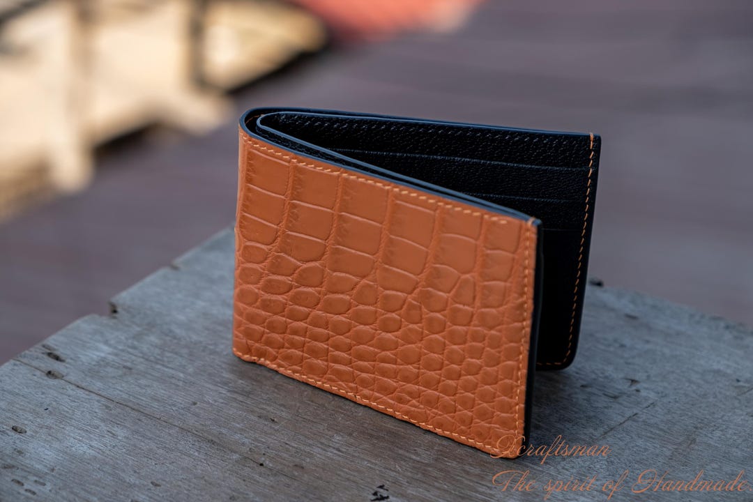 Brown Alligator Wallet for Men, Classic Bifold Wallet With Black Chevre ...