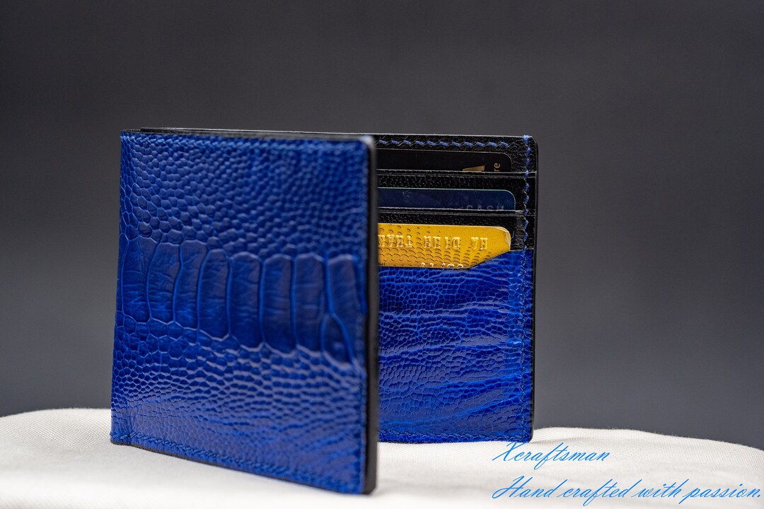 Blue Ostrich Leather Bifold Wallet - Handmade Luxury Classic Bespoke ...