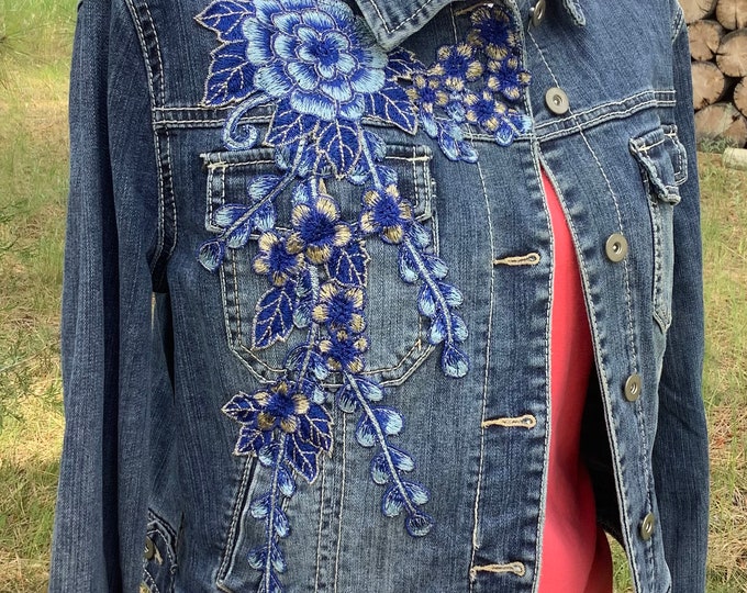 Women's Embellished Denim Jacket, Appliqued Embroidered Florals, Blue ...