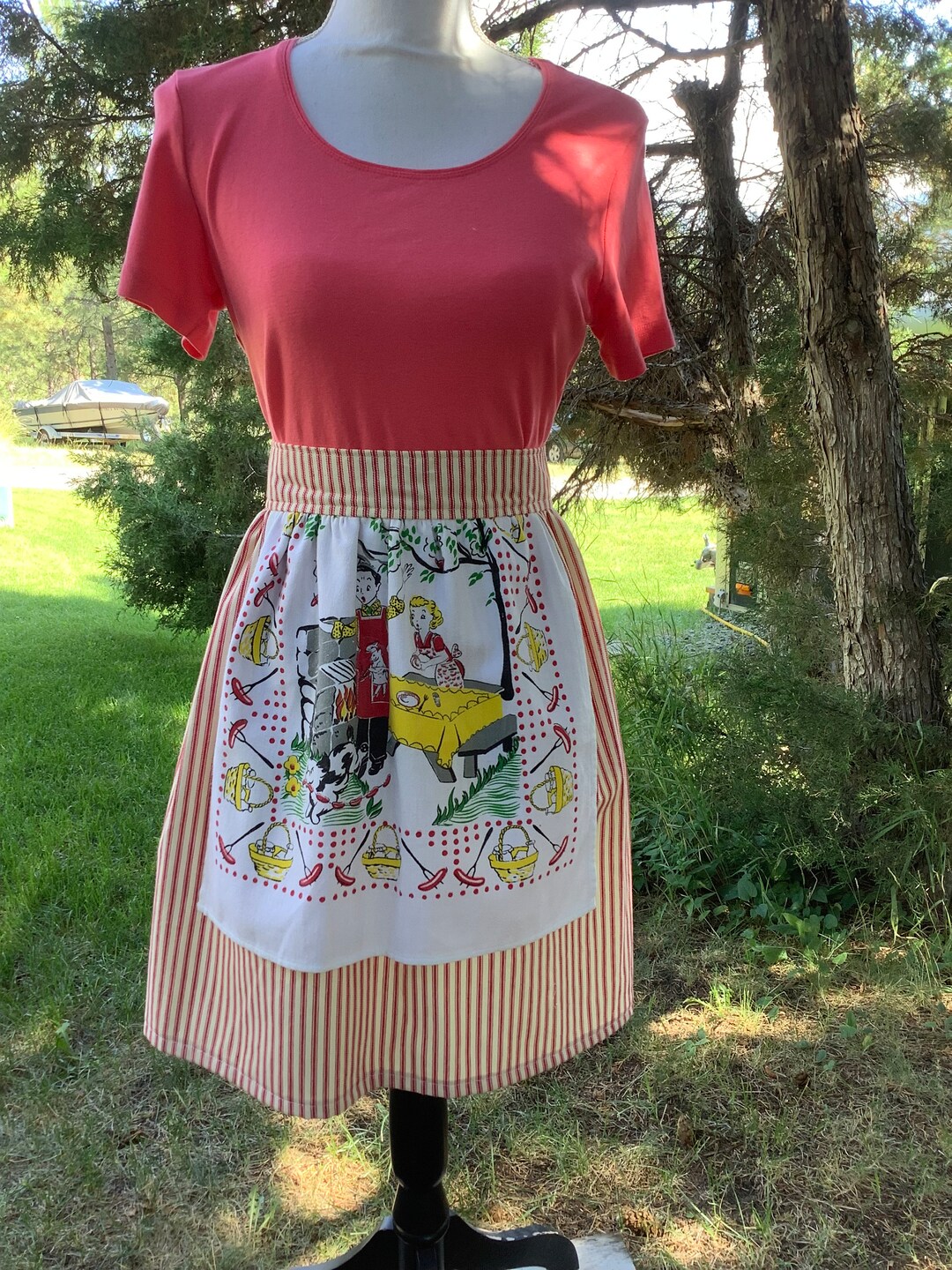 Women's Half Apron, Red Ticking, Vintage 1950s BBQ Theme, Kitschy, Gift ...