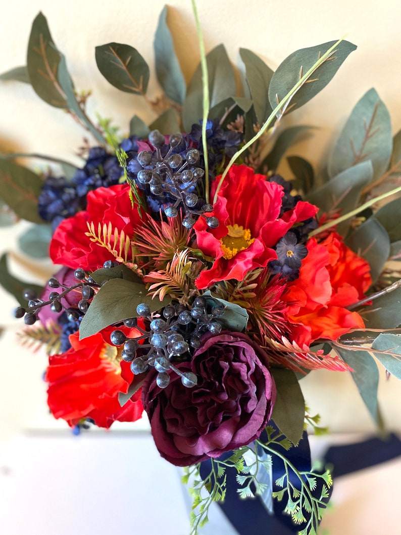 Navy Red Bouquet Boho Wedding Bouquet Silk Flower Bouquet - Etsy