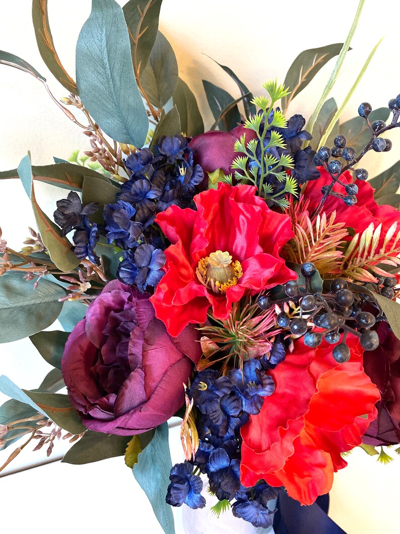 Navy Red Bouquet Boho Wedding Bouquet Silk Flower Bouquet - Etsy